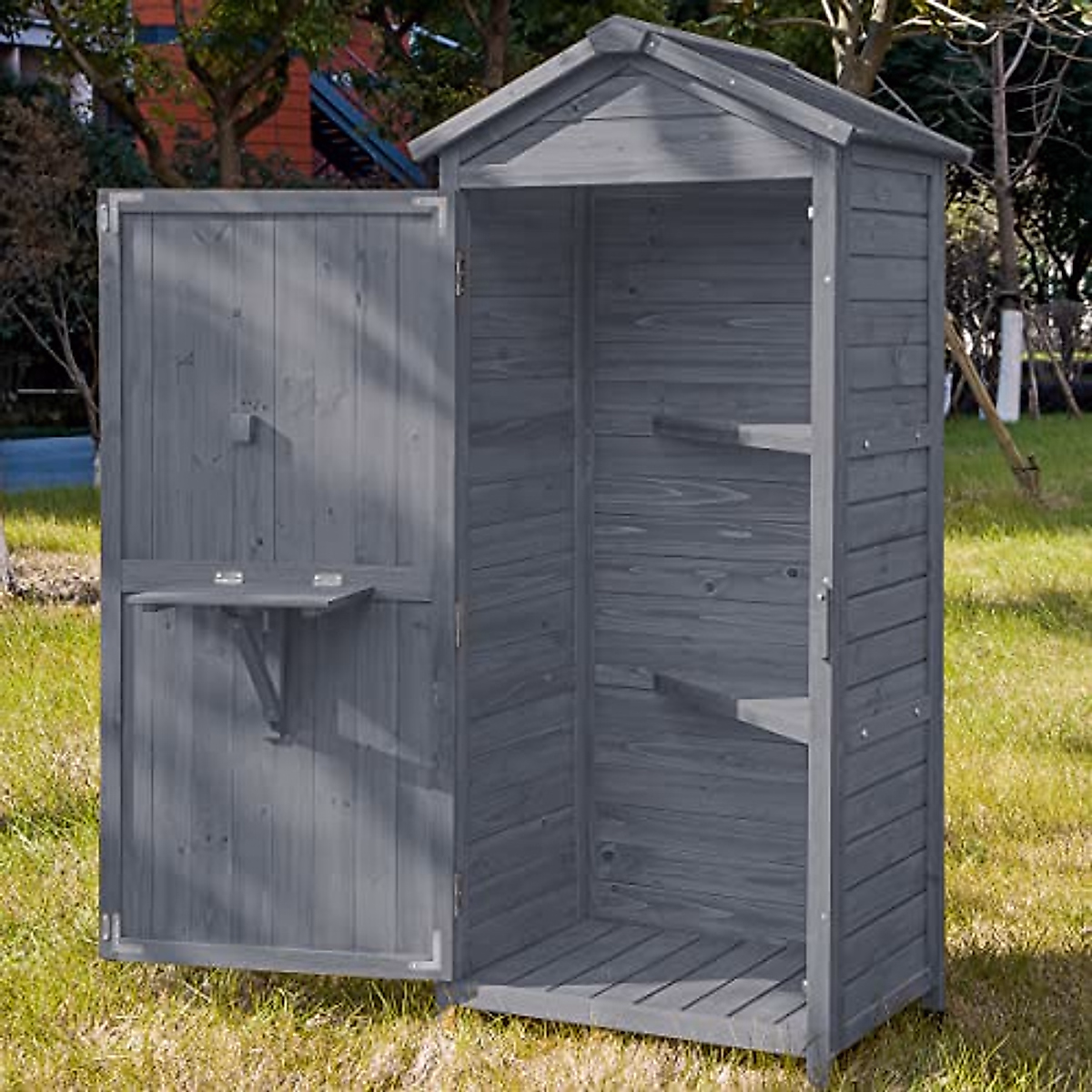 EMKK Outdoor Storage Shed,Wooden Waterproof Asphalt Roof Fir Wood Lockers for Lawn Mower,Backyard,Garden,Patio Furniture,Pool Accessories,Gray