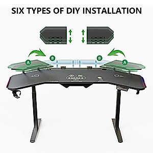 JWX Standing Gaming Desk with Aluminum Alloy Led Lights, 72'' Wing Shaped Large Gaming Studio Music Desk with Slot Design Shelves, for Live Streamer, Social Media Influencer & Music Recording