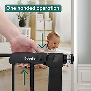 BABELIO 26-32 Inch Easy Install Narrow Pressure Mounted Metal Baby Gate, No Drilling, No Tools Required, with Wall Protectors and Extenders (Black)
