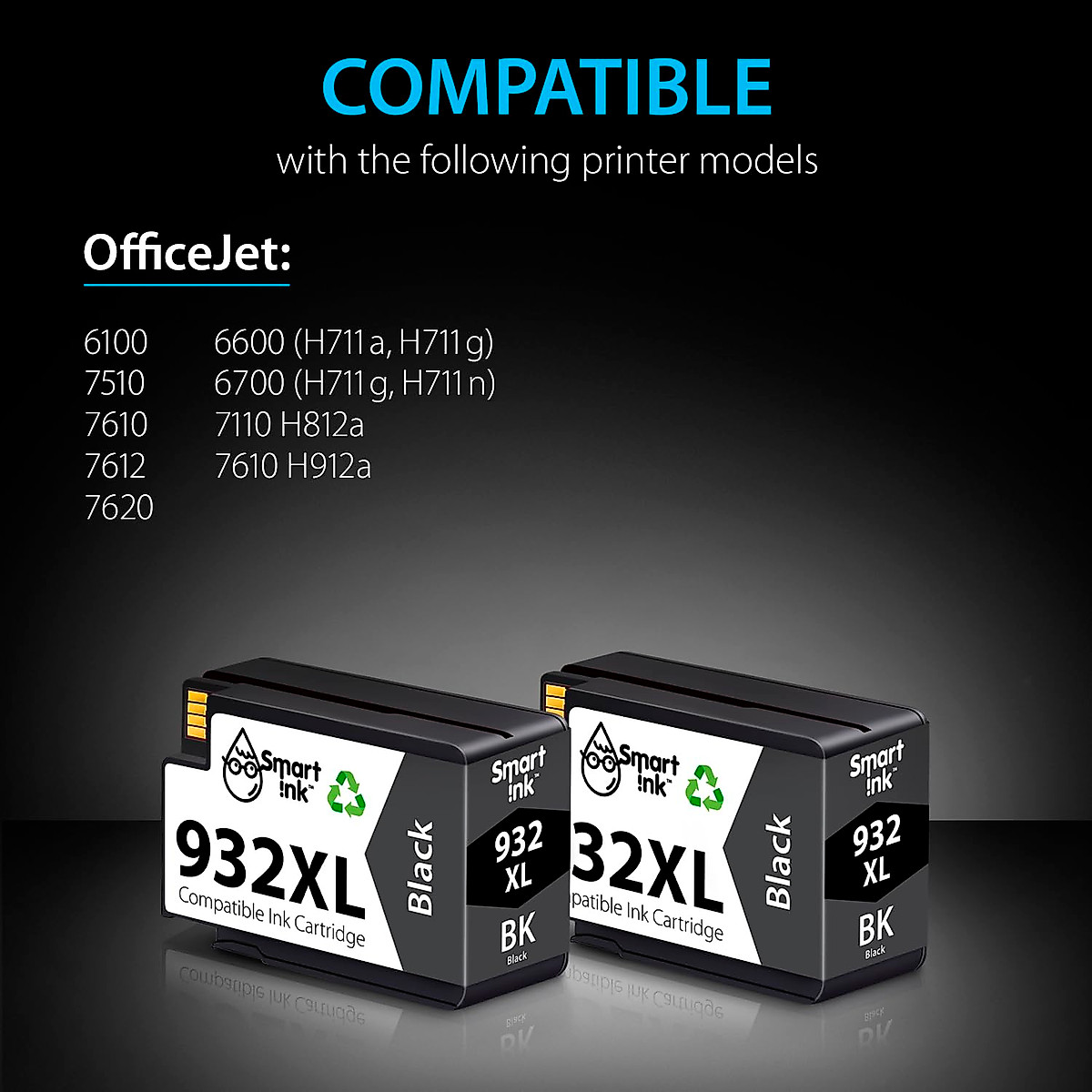 Smart Ink Compatible Ink Cartridge Replacement for HP 932XL 932 XL (2 Black, Pigment Ink Cartridges Combo Pack) to use with OfficeJet 6600 6700 7510 7610 7612 6100 7620 7110 Printers
