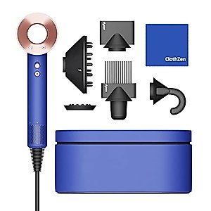Limited Edition Dyson Supersonic Hair Dryer with ClothZen Cleaning Cloth – Includes Flyaway Attachment, Styling Concentrator, Diffuser, Gentle Air Attachment & Wide-Tooth Comb – Vinca Blue/Rose