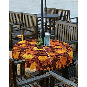 Thanksgiving Outdoor Tablecloths with Umbrella Hole and Zipper, Fall Pumpkin Maple Leaves Orange Yellow Brown Waterproof/Stain Resistant Round Table Cloth 54'' Patio Table Cover for Picnic/Party