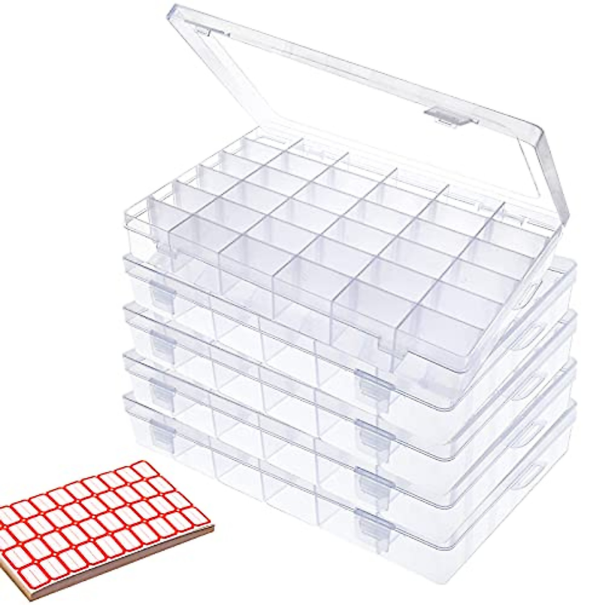 5Pack 36 Grids Clear Plastic Organizer Box with Adjustable Dividers Storage Container Jewelry Box for Beads Art Crafts Pieces Letter Board Fishing Tackles Rock Collection with 2000pcs Label Stickers