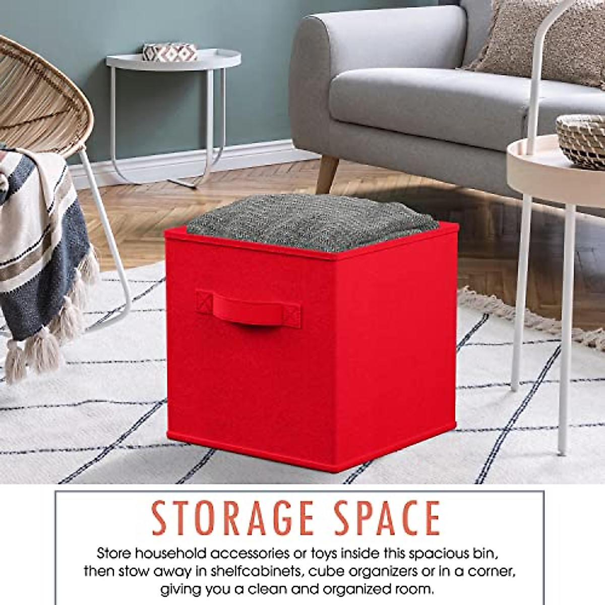 Ornavo Home Foldable Collapsible Storage Box Bins Shelf Basket Cube Organizer with Dual Handles - Set of 6-13 x 13 x 13 - Red