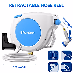 Efurden Retractable Hose Reel, 5/8 Inch x 100ft Wall Mounted Garden Hose Reel with 180 Deg Swivel Bracket and Automatic Rewind