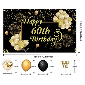 60th Birthday Decorations for Men Women, 60th Birthday Decorations, Happy 60th Birthday Banner, Black and Gold 60th Bday Backdrop