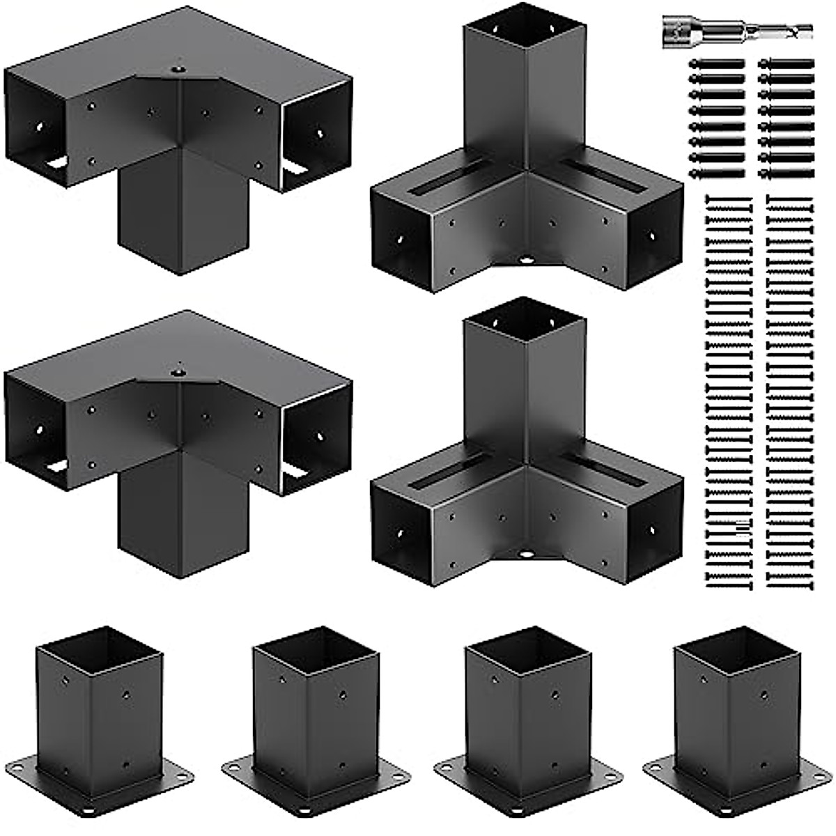 ZEKOO Pergola Kit Slotted Design Outdoor Pergola Brackets with End Cap Corner, 3-Way Right Angle Corner Bracket with 4 Post Base for Wood Lumber 4x4 (Actual: 3.5"x3.5")
