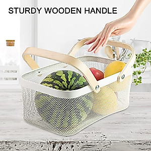 MACOIOR Portable Garden Basket-Mesh Design Natural Bamboo Handle Wire Storage Baskets,Mesh Basket with Handle Organize Items Reduce Space Occupation,Suitable for Kitchen,Garden,Picnic(White)