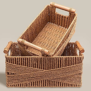 Storage Basket with Handle, Large Rectangular Wicker Basket for Organizing, Decorative Wicker Storage Basket Woven Basket Organizers for Living Room, Set of 2