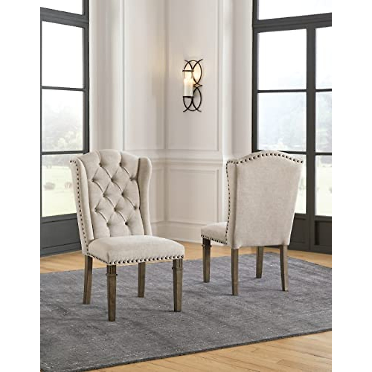 Signature Design by Ashley Markenburg 20" Retro Tufted Upholstered Dining Side Chair with Nailheads, Set of 2, Beige & Dark Brown