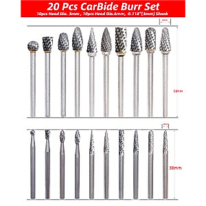 20Pcs Carbide Burr Set Die Grinder Bits 1/8" Shank Double Cut Assorted Solid Tungsten Carbide Rotary Burr Compatible with Dremel for Wood Carving Metal Working Polishing Engraving Drilling