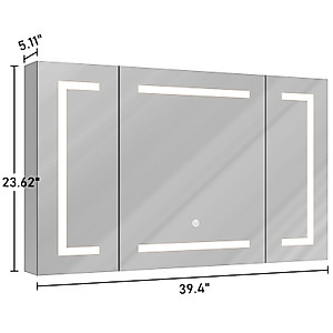 DICTAC Medicine Cabinets with Mirrors and Led Lights 39.4''x23.6'' Wall Bathroom Mirror with Storage and Charging Station Wall Mounted 3 Doors Mirror Medicine Cabinet Organizer with Storage,White