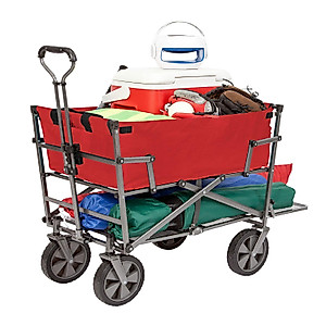 MacSports Double Decker Heavy Duty Steel Frame Collapsible Outdoor 150 Pound Capacity Yard Cart Utility Garden Wagon with Lower Storage Shelf, Red