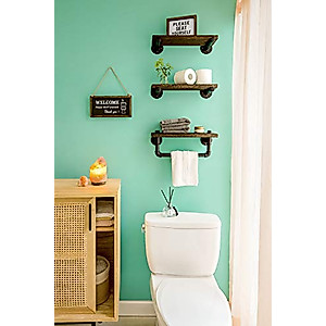 Mkono Floating Shelves with Industrial Pipe Brackets and Towel Bar, Set of 3 Rustic Bathroom Shelf Wall Mounted Shelves Wood Storage Shelving Home Decor for Bedroom Kitchen Living Room