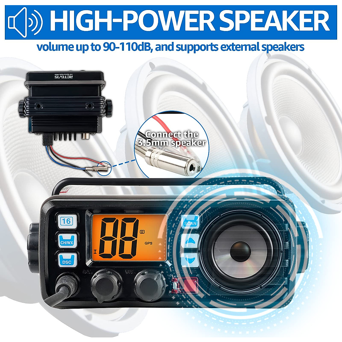 Retevis RM20 Marine VHF Radios for Boats, Marine Band Radio, Built in GPS, DSC, IP67 Waterproof, NOAA Weather, Fixed Mount Ship to Shore Radio for Boats(Black)