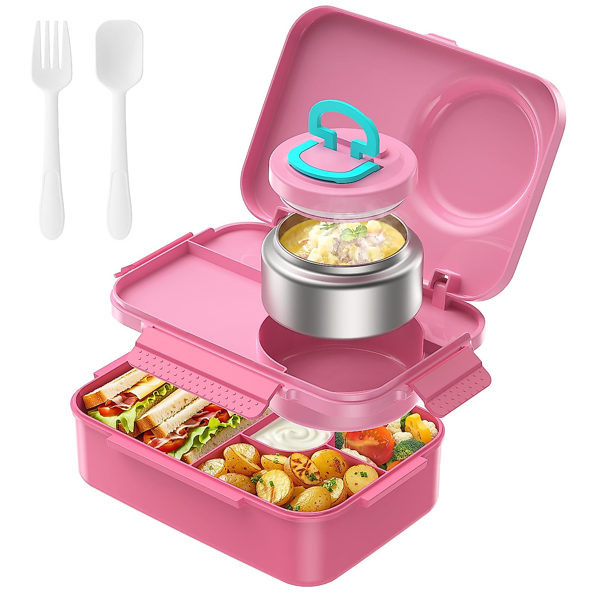 DaCool Lunch Box Kids Bento Box 7.5 Cups with 4-Compartment Leakproof BPA Free Toddler Girls Lunch Containers with Fork Spoon for Meal Snack On-the-Go School Picnic, Microwave Dishwasher Safe, Pink