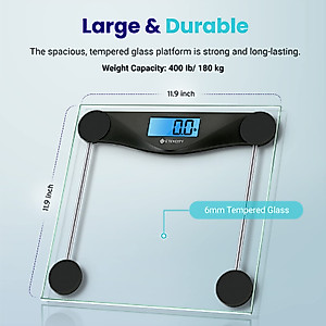 Etekcity Digital Body Weight Bathroom Scale, Large Blue LCD Backlight Display, High Precision Measurements, 6mm Tempered Glass, 400 Pounds, Black