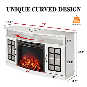 LUXOAK Curved TV Cabinet with 26" Electric Fireplace for TVs up to 65", Media Fireplace TV Console Table with Storage Farmhouse Glass Door, Distressed White
