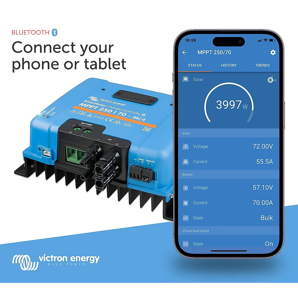 Victron Energy SmartSolar MPPT MC4 250V 70 amp 12/24/36/48-Volt Solar Charge Controller (Bluetooth)