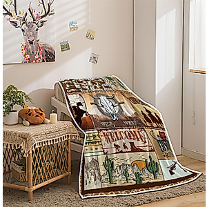 Western Cowboy Blankets, Retro Rustic Cowboy Hat Boot Throw Blanket, American Wild West Cowboy Riding Horses Soft Flannel Blanket for Baby Boys Kids Adults Home Decoration 50X60in Brown