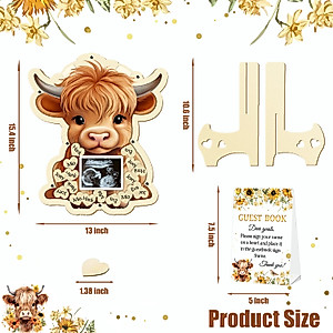 generic 65 Pcs Highland Cow Baby Shower Decorations Guest Book, Baby Shower Guest Book Alternatives with Photo Frame, 60 Wood Slices Cow Baby Shower Guest Book for Boys Grils Baby Shower