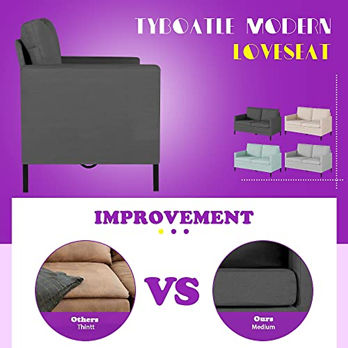 TYBOATLE 51 inch Fabric Modern Loveseat Sofa Couch for Living Room, Upholstered Love Seats 2-Seater w/Iron Legs for Compact Small Space, Apartment, Bedroom, Dorm, Office (Dark Grey)