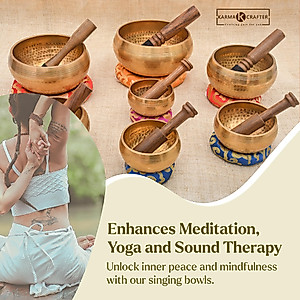 Karma Crafter Tibetan Singing Bowl Set Handcrafted in Nepal - 7 Chakra Bowl for Sound Bath, Meditation, Yoga, Mindfulness and Healing