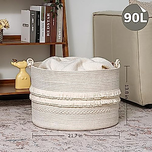 TIMEYARD Large Decorative Basket, 21.7'' x 13.8'' Cotton Rope Blanket Basket Living Room Toy Baskets Storage Kids, Baby Laundry Baskets for Dirty Clothes Pillows Towel, 90L White