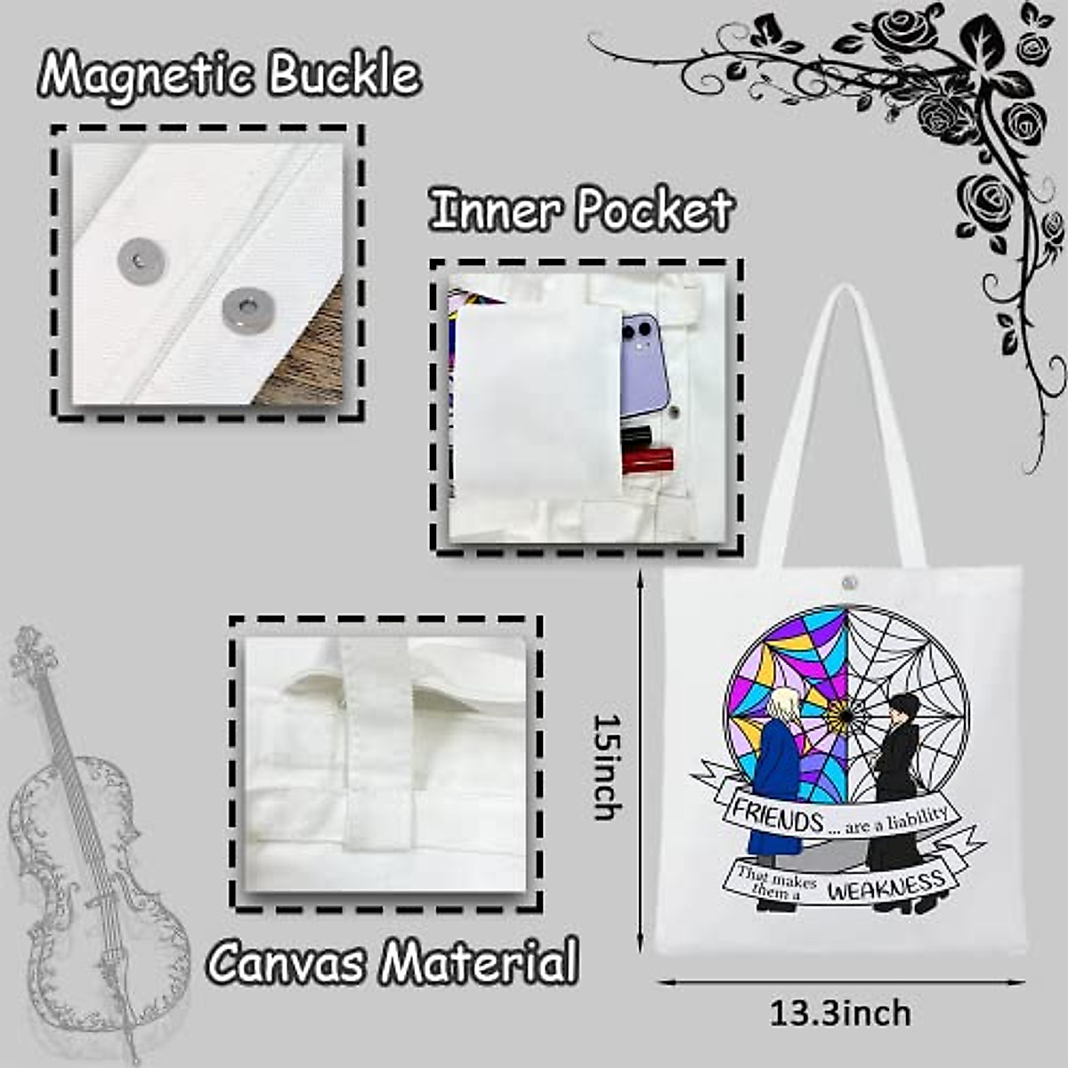 Hymik 2 Pcs Addams Movie Tote Bag and Makeup Bag, Wednesday Fans Gift Wednesday AD Is My Spirit Animal Makeup Accessories Zipper Pouch Girls Pencil Case Women Handbags Purses