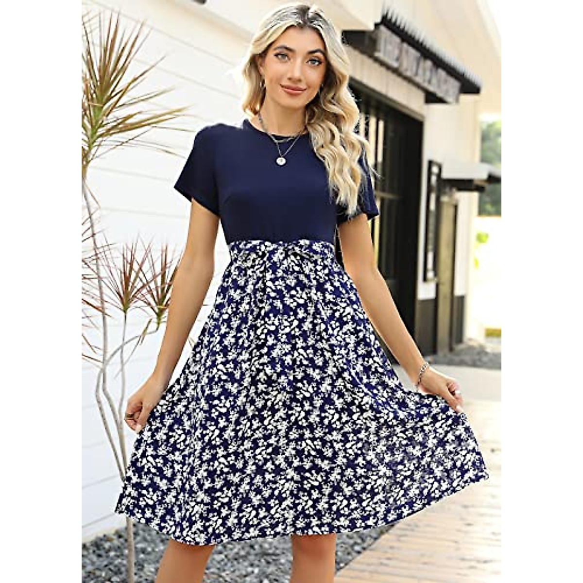 Berydress Knee Length Dress for Women Summer Casual Short Sleeve Modest A-Line Belt Party Work Dress with Pockets (S, 6188-Navy Floral)