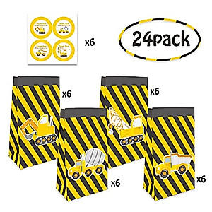 24 Pack Construction Party Bags with Thank You Stickers Construction Theme Party Supplies Candy Treat Bags Gift Bags for Construction Party Kids Boys Themed Party Supplies Decoration