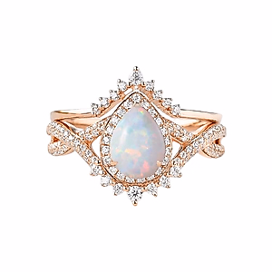 YDD 18k Rose Gold 1.5ct Pear Shaped Opal Engagement Rings for Women Opal & Moissanite Bridal Set Vintage Halo Infinity Ring Set 2pcs Inspired V Shaped Wedding Band Anniversary Free Engraved