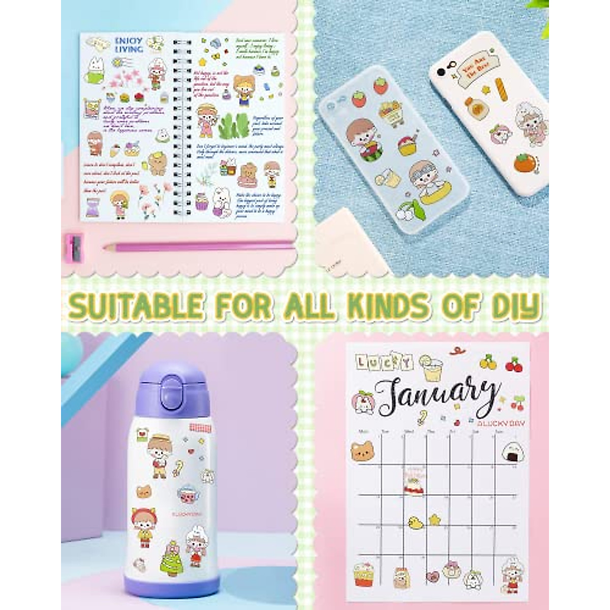 Benresive 1000 Pcs Cute Stickers for Kids, Water Bottle Stickers Kawaii Waterproof Vinyl Scrapbook Phone Laptop Stickers, 100 Sheets Journaling Aesthetic Sticker Packs for Girls Teens（Green）