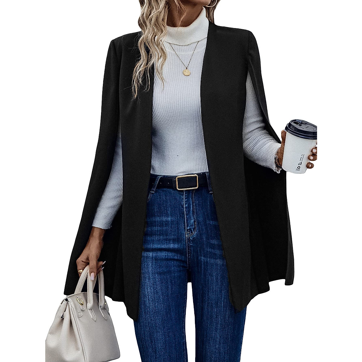 WDIRARA Women's Cape Blazer Cloak Split Sleeve Open Front Jacket Work Business Casual Blazer Solid Cape Coats Black L