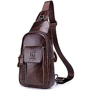 BULLCAPTAIN Genuine Leather Sling Bag for Men Leather Casual Crossbody Shoulder Backpack Travel Hiking Vintage Chest Bags Mens Daypacks (Coffee)