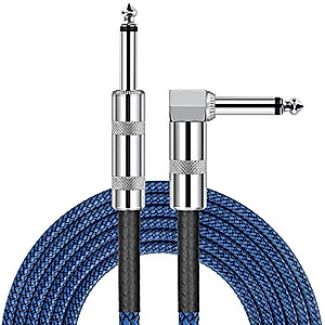 JOLGOO 1/4 Inch Cable Guitar Cable 10 Ft Straight to Right Angle 1/4 Inch 6.35mm Plug Bass Keyboard Instrument Cable Blue and Black Tweed Cloth Jacket, electric mandolin, pro audio