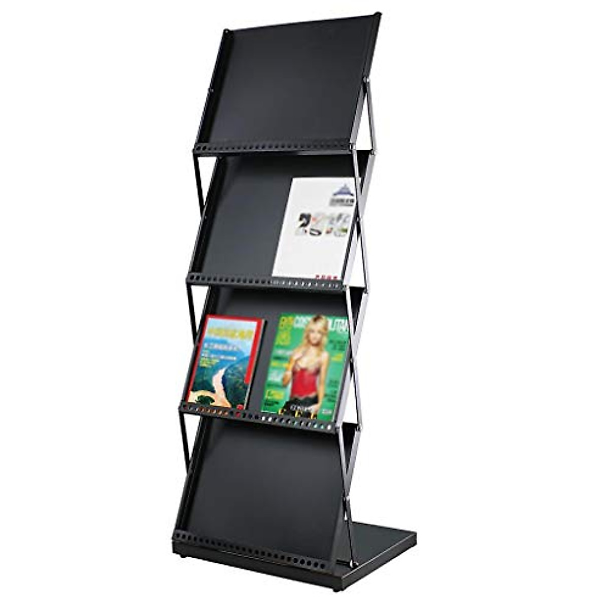 Foldable Magazine Rack Newspaper Holder Stretchable Book Shelf Storage Rack Metal Stratification Freestanding Display Rack Black 52X38.8X135CM MUMUJIN