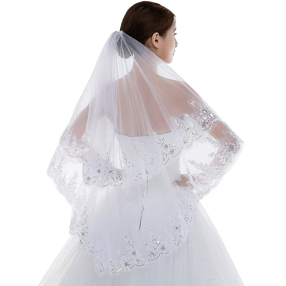 Edith qi 2 Tier Lace Silver Lined Beaded Edge Fingertip Length Bridal Wedding Veil,White,Free Size