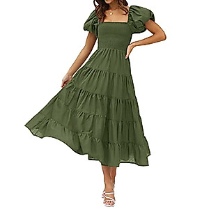 ZESICA Women's 2023 Summer Square Neck Short Puff Sleeve Solid Color High Waist Casual Smocked Flowy A Line Tiered Midi Dress,ArmyGreen,Small