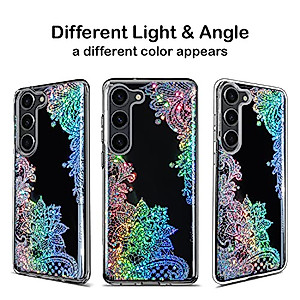 Coolwee Clear Glitter for Samsung Galaxy S23 Case, 6.1 inch, Anti Yellowing Military Grade Drop Protection Shockproof Flower Slim Crystal Bling Lace Floral Hard PC Soft TPU Bumper Cover Mandala Henna