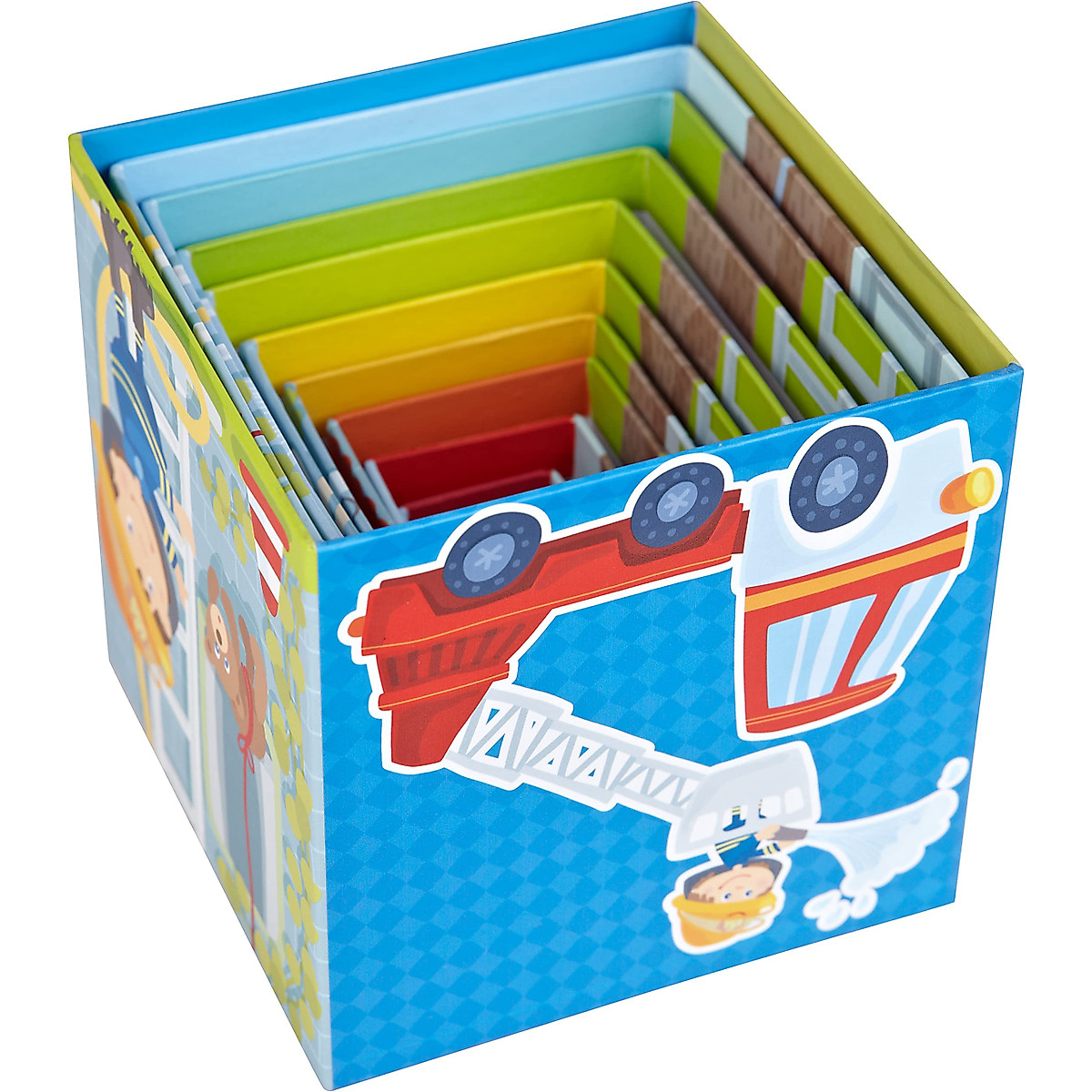HABA Fire Brigade Sturdy Cardboard Nesting & Stacking Cubes - Reinforcing Numbers 1-10 with Rescue Themes on Each Side