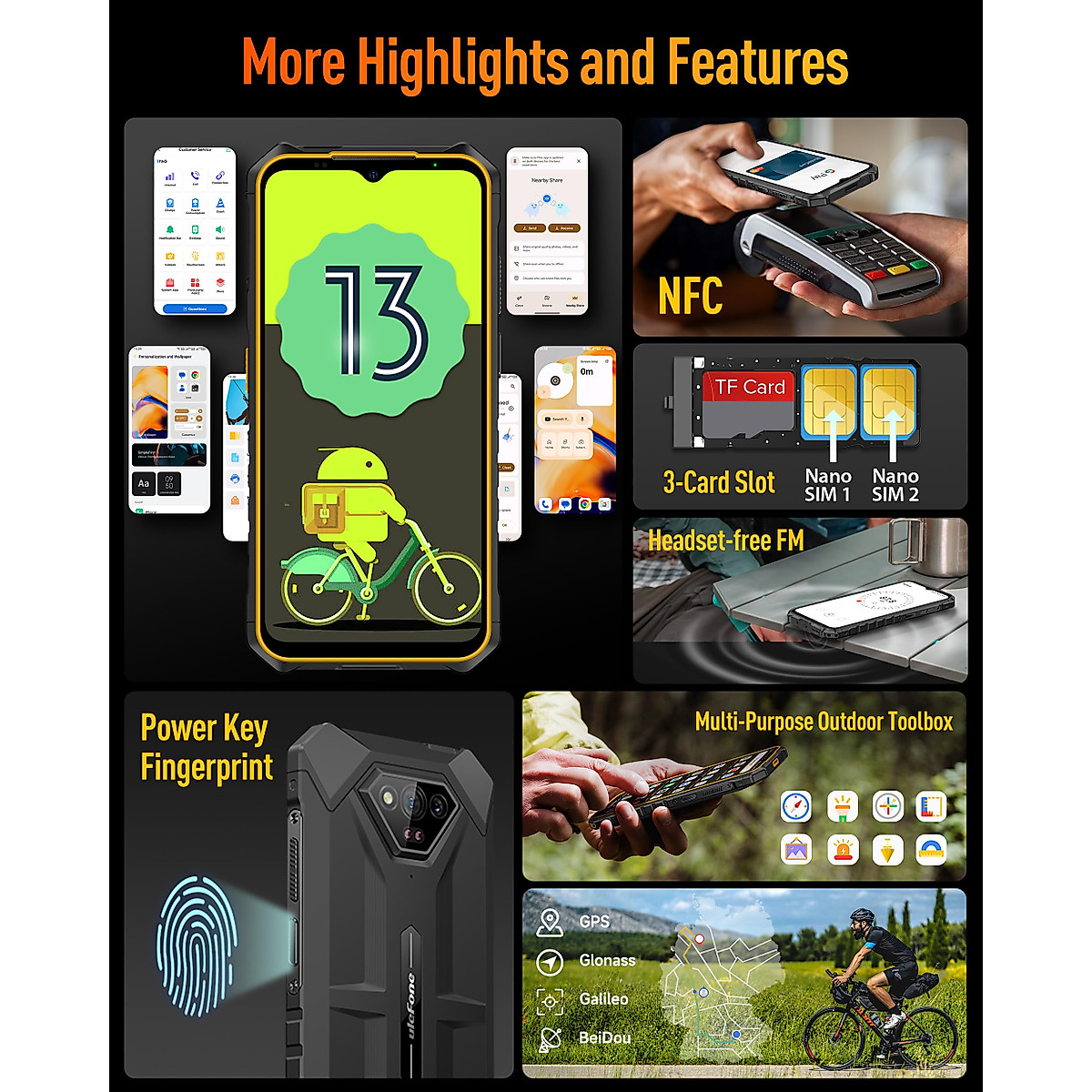 Ulefone Armor X13 Rugged Phones Unlocked, IP68/IP69K Waterproof Phone, MTk Helio G36 12GB+64GB, 50MP+24MP Night Vision Camera, 6.52" Display, 6320mAh, Android 13, NFC, Fingerprint ID, Black