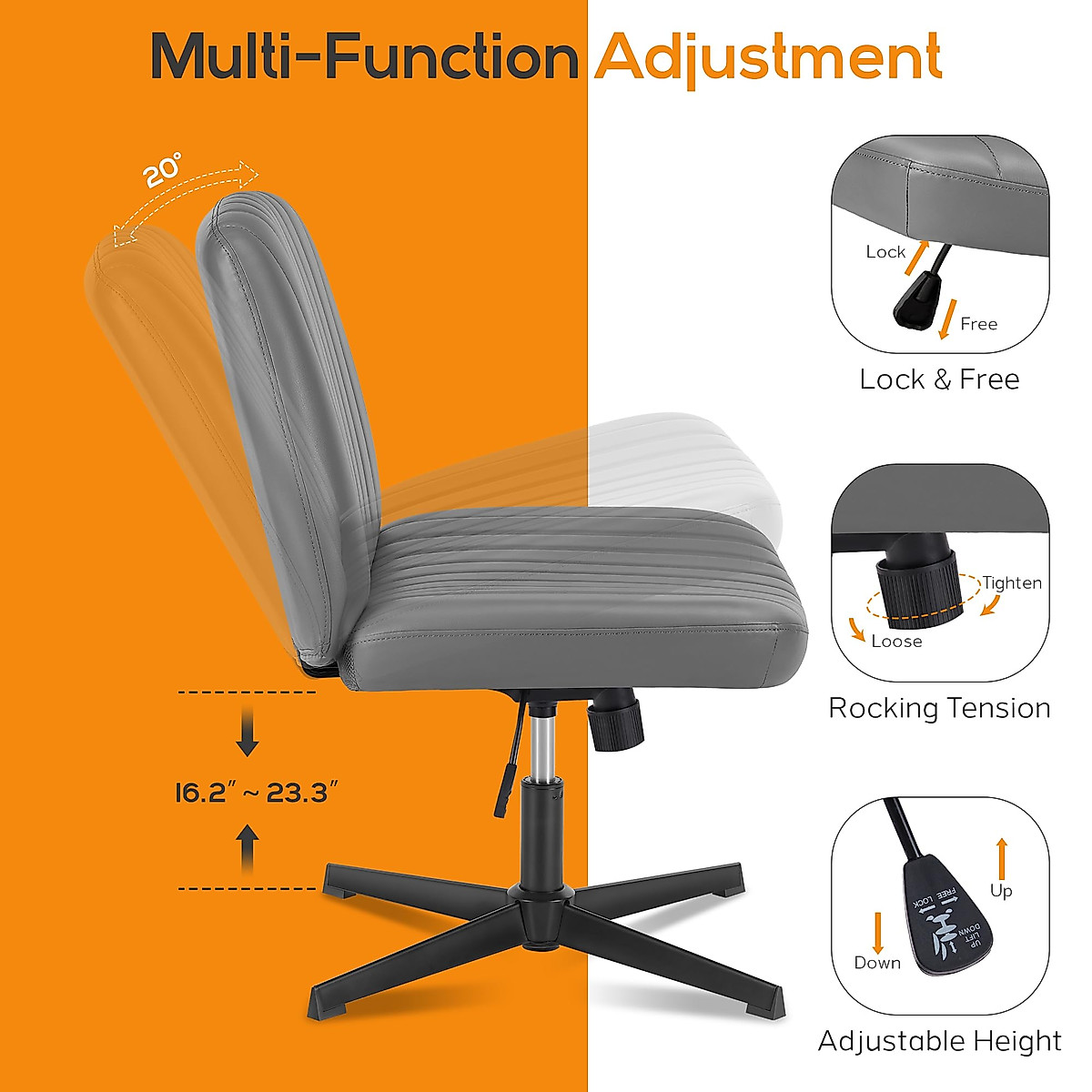 DUMOS Cirss Cross Chair Legged Office Wide Comfy Desk Seat, No Wheels Armless Computer Task Seating, Swivel Vanity Home Height Adjustable