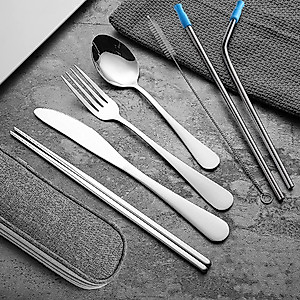 Travel Utensils Set with Case Reusable Portable Cutlery Set Stainless Steel 8pcs Including Dinner Knife Fork Spoon Chopsticks Straws(Silver)