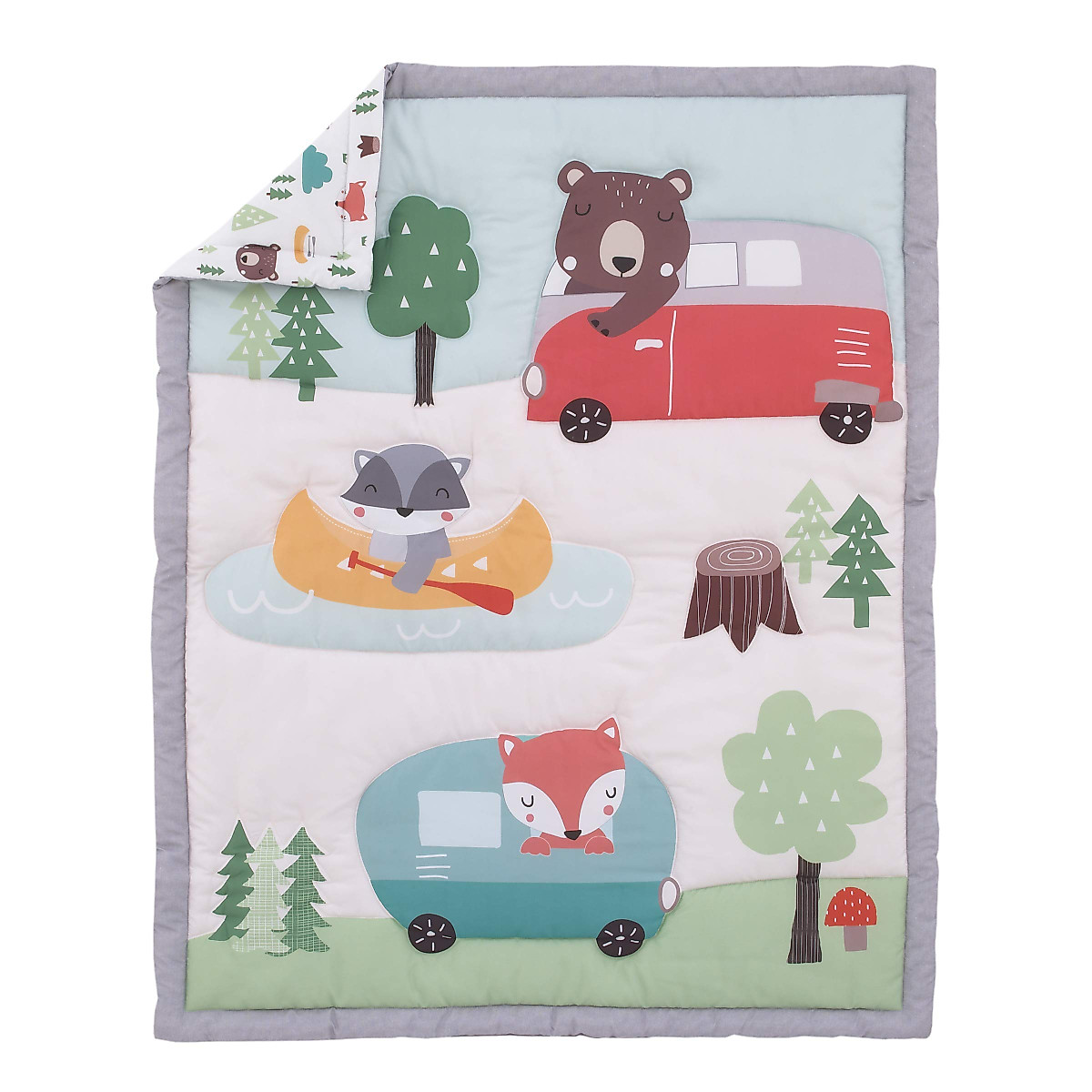 NoJo Little Love Retro Happy Camper Green, Aqua and Grey 3 Piece Nursery Crib Bedding Set - Comforter, Fitted Crib Sheet and Dust Ruffle