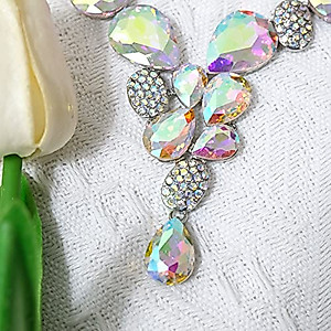 CSY Elegant Austrian Crystal Necklace Drop Earrings Bracelet Set Bridal Wedding Prom Costume Jewelry Sets for Brides Bridesmaid (iridescent AB crystal-silver tone)