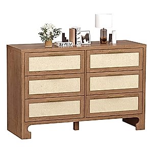 IDEALHOUSE Dresser for Bedroom with 6 Drawers, Burlap Design Wood Drawer Dresser Chest of Drawers for Closet, Living Room, Hallway, Nursery, Kids Bedroom, Caramel