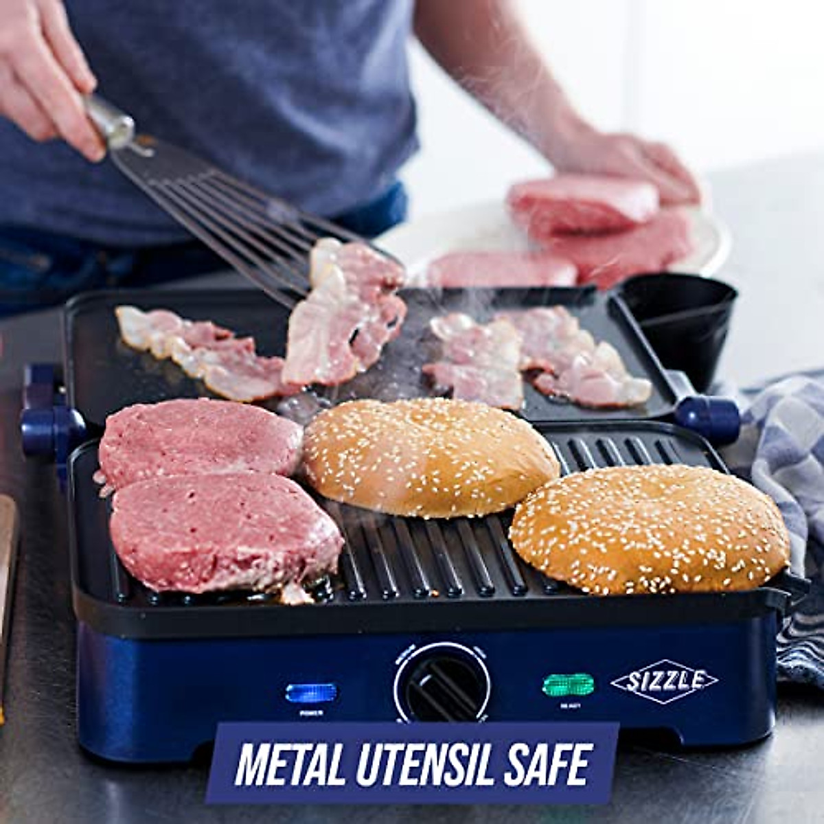 Blue Diamond Ceramic Nonstick, Electric Contact Sizzle Griddle, Open Flat Design, Dishwasher Safe Removable Plates, Adjustable Temperature Control, PFAS-Free, Blue