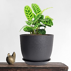 UOUZ 12/10/9 Large Modern Plant Pots, Plastic Planters with Drainage Holes and Saucers for Indoor Outdoor Plants Flowers, Black