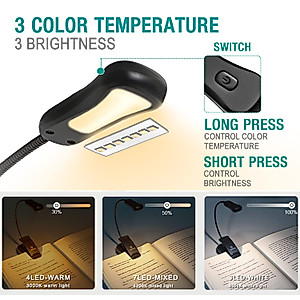 Vekkia/LuminoLite Rechargeable Book Light, Reading Lights for Books in Bed, 3 Colortemperature × 3 Brightness, Clip on Book, Up to 70 Hours Lighting, Great for Readers, Travel (Black)